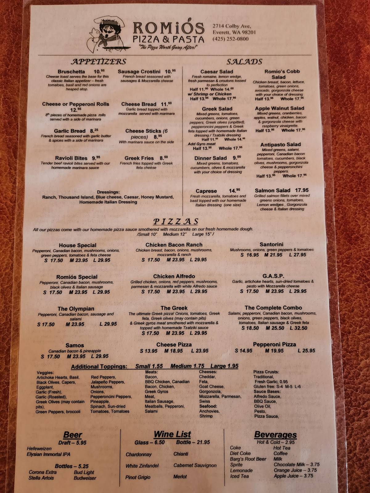 Menu at Romio's Pizza & Pasta pizzeria, Everett, Colby Ave