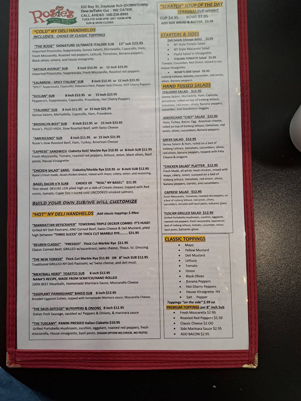 Menu at Rosie's Italian Bakery & NY Style Deli, Daytona Beach