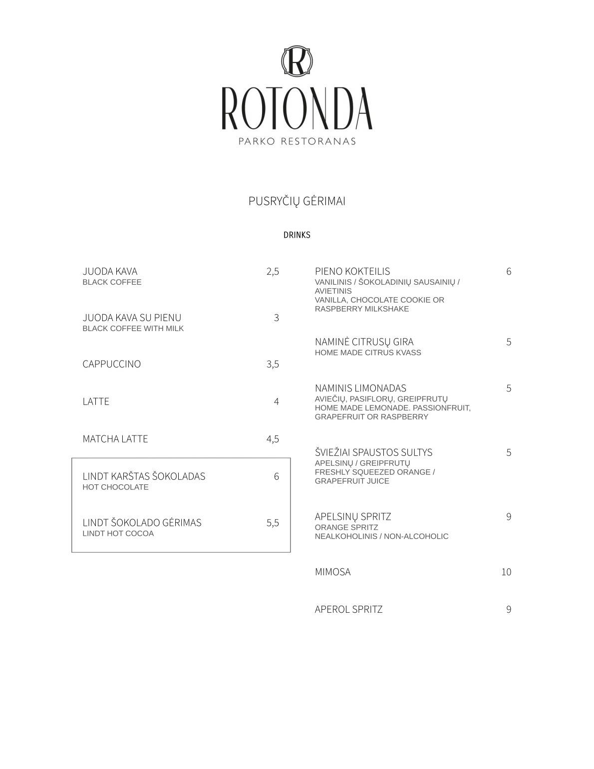 Speisekarte von Rotonda restaurant, Vilnius