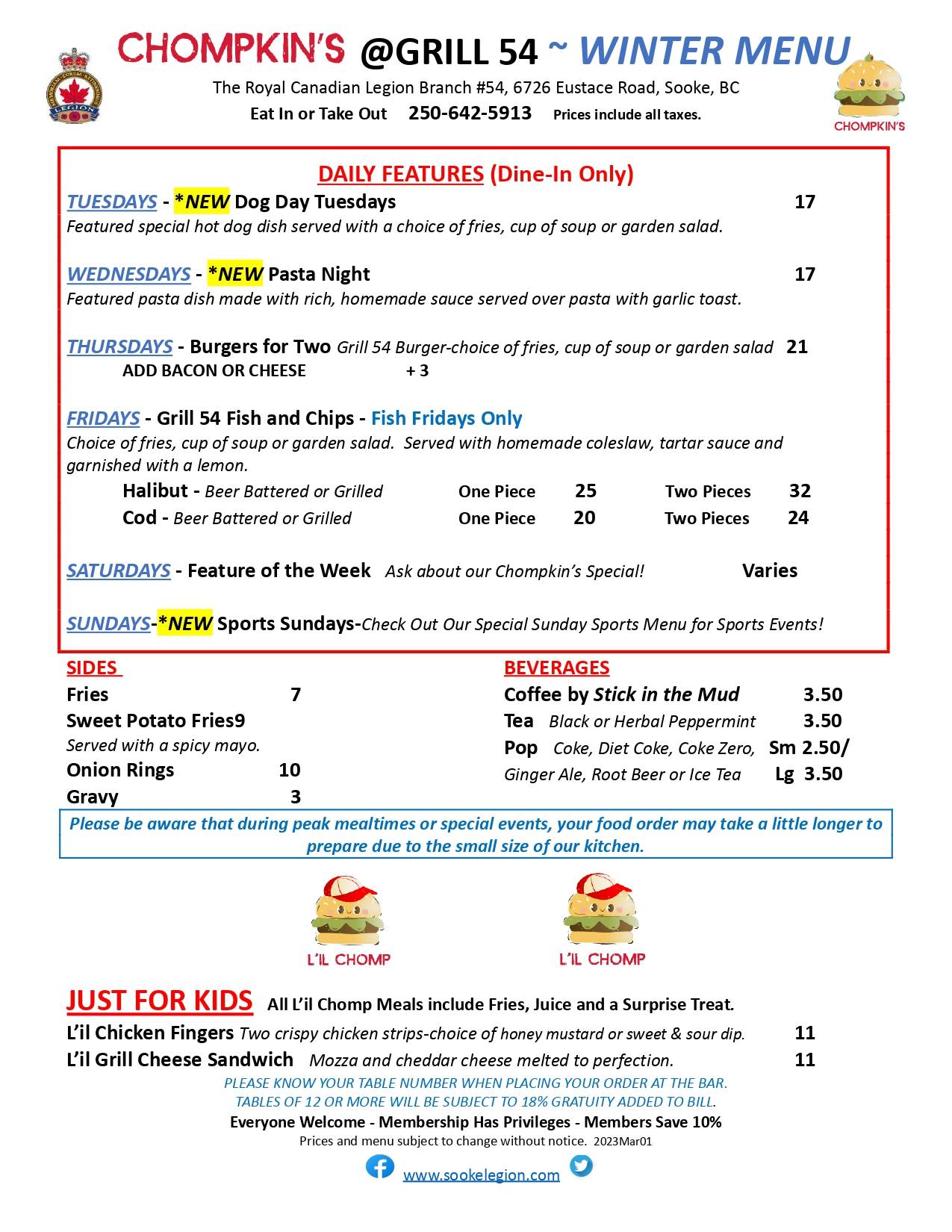 Menu at Royal Canadian Legion Branch #54 Sooke, Sooke