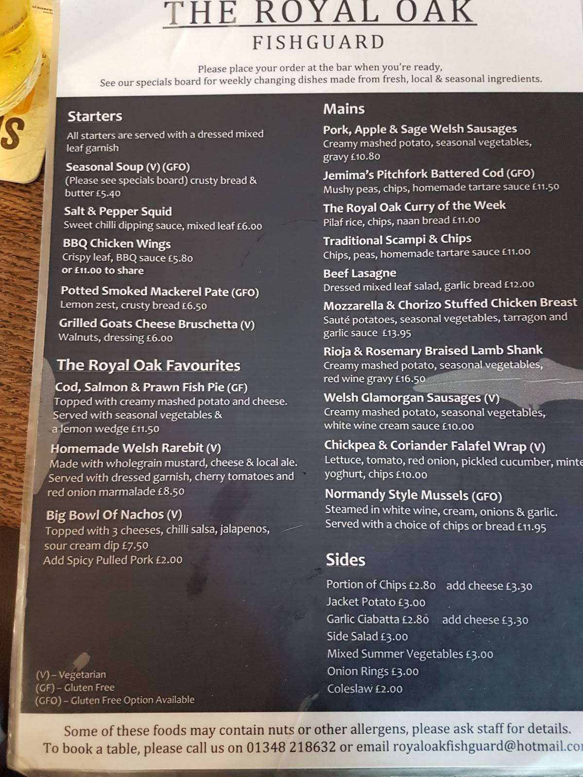Menu at Royal Oak pub & bar, Fishguard