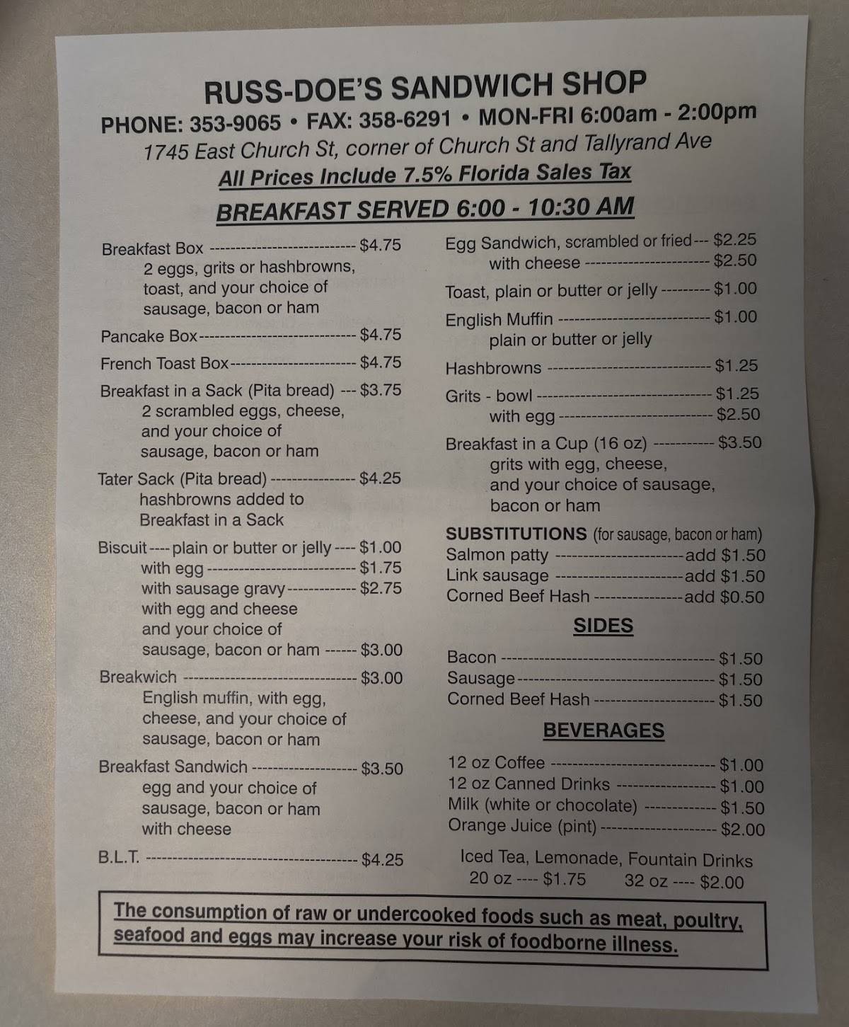 Menu at Russ-Doe's Sandwich Shop fast food, Jacksonville