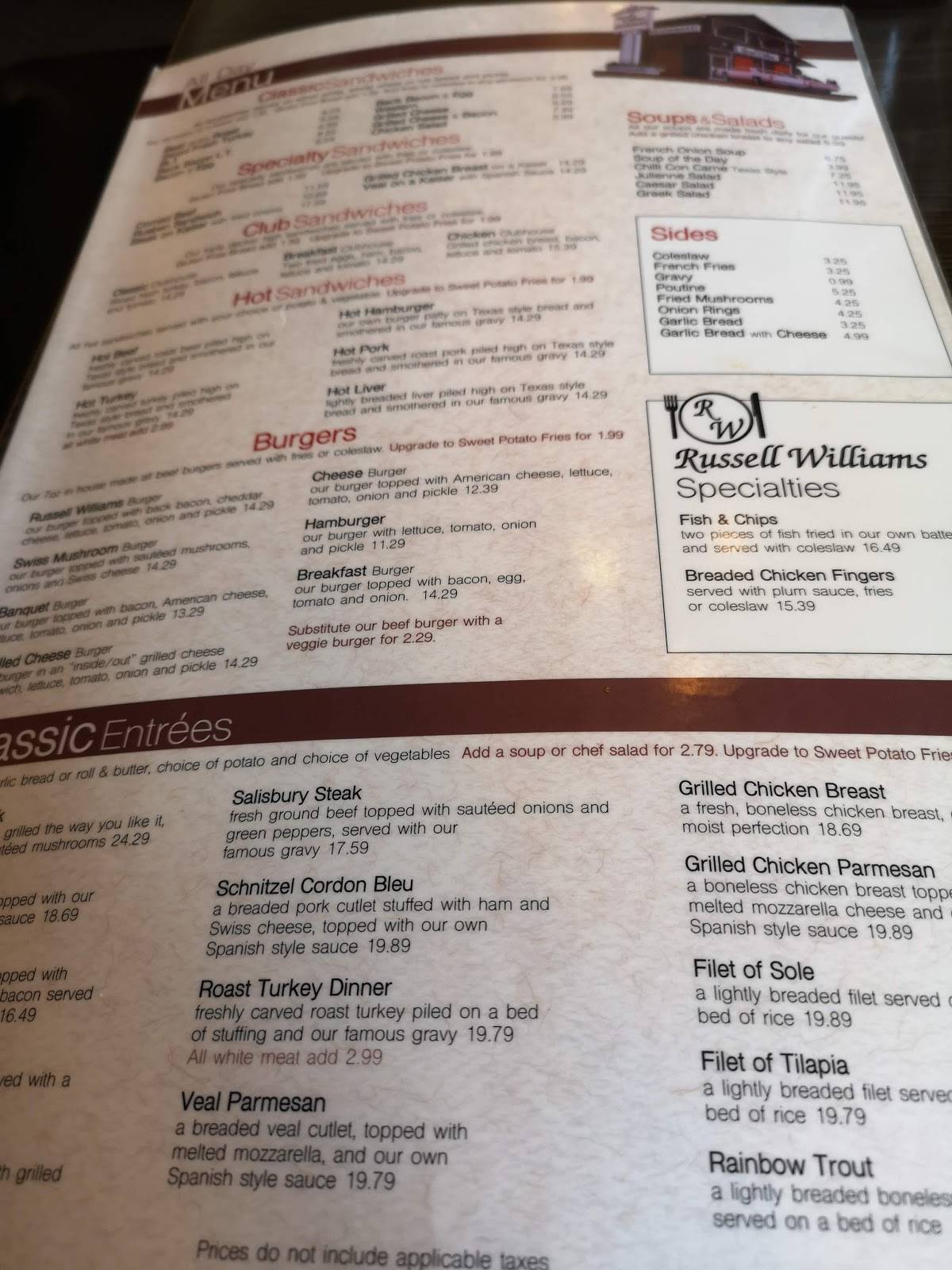 Menu at Russell Williams Family Restaurant, Burlington