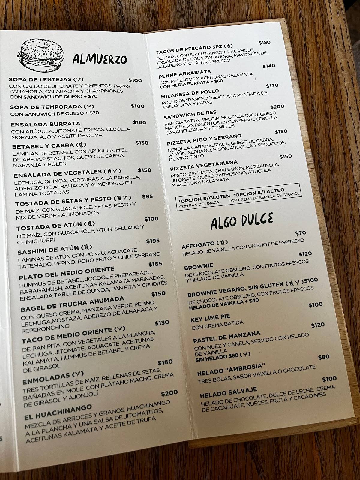 Menu at Rustica restaurant, San Miguel de Allende