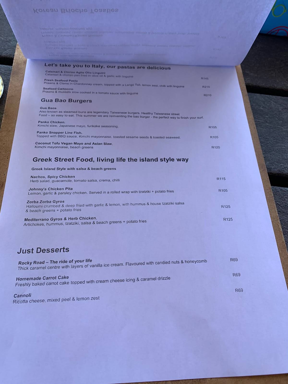 Menu at SURF RIDERS SOUTH BEACH @ BEACHFRONT restaurant, Durban