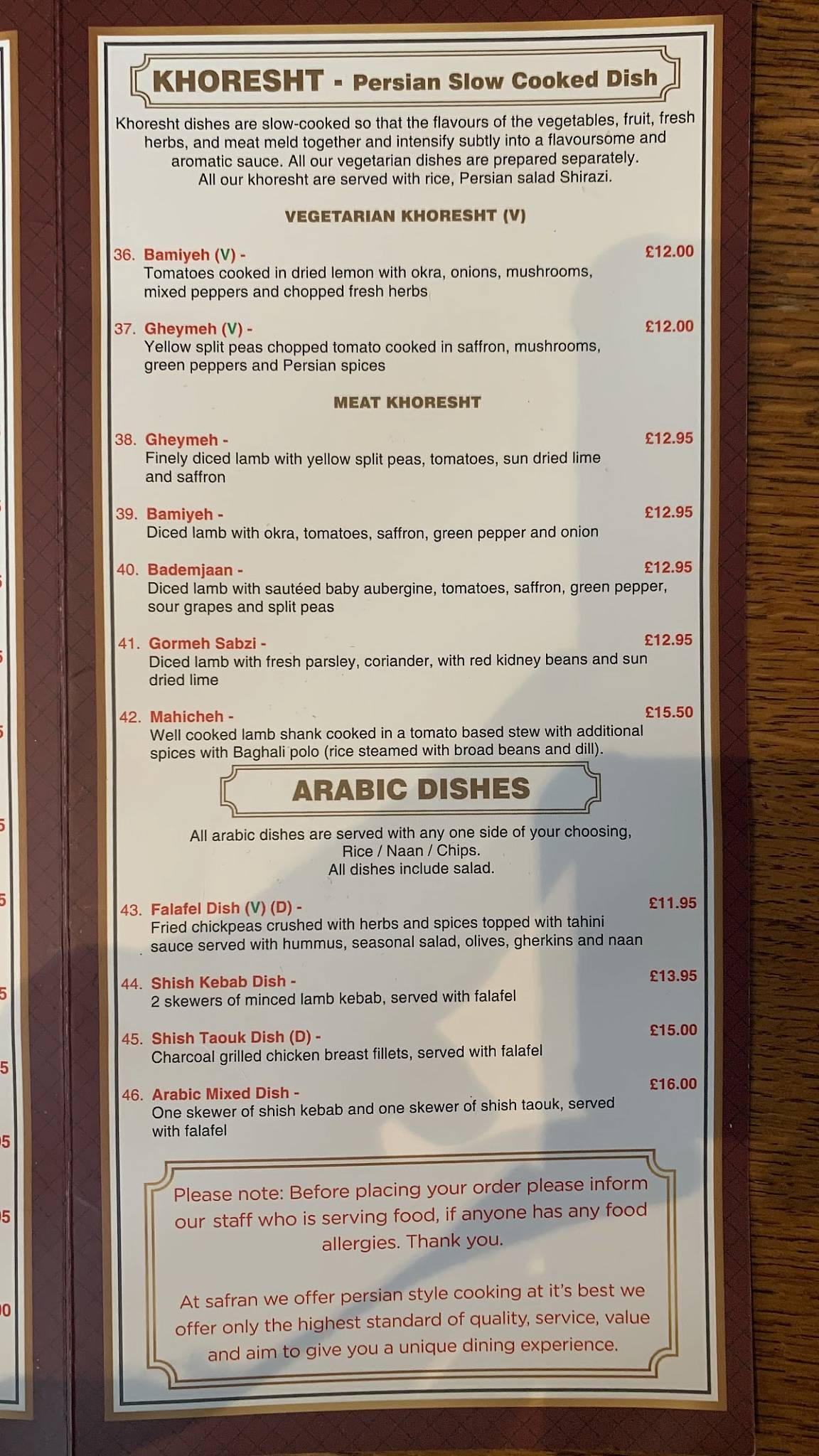 Menu at Safran Charcoal restaurant, Leeds