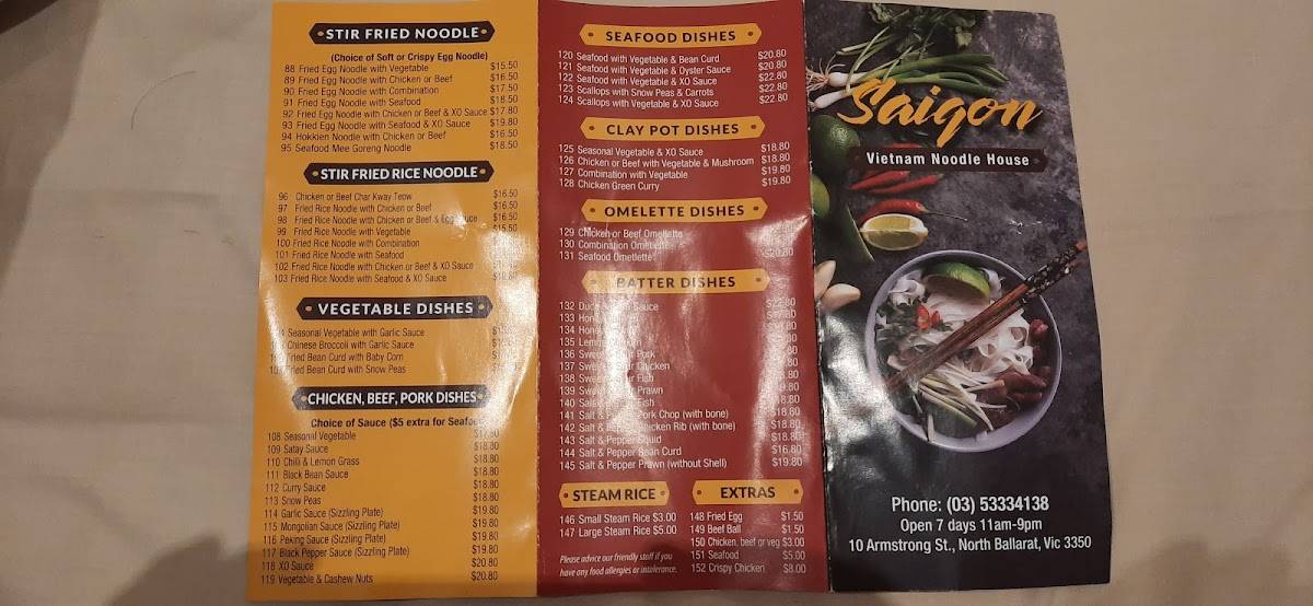 Menu at Saigon Noodle House restaurant, Ballarat Central