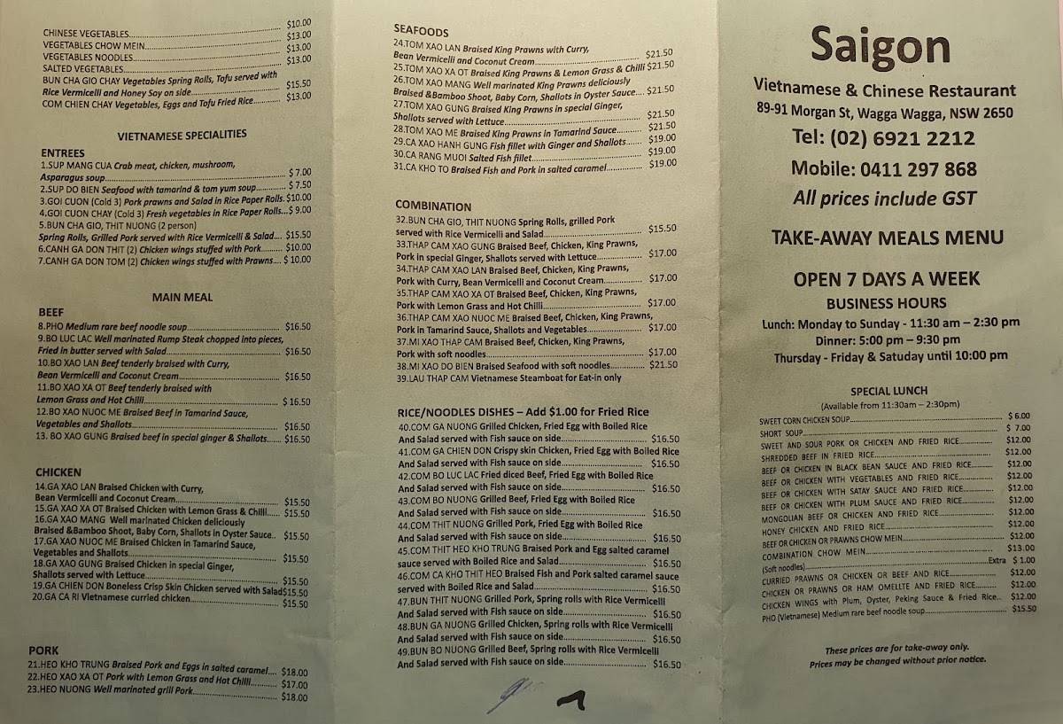 Menu at Saigon Restaurant, Wagga Wagga