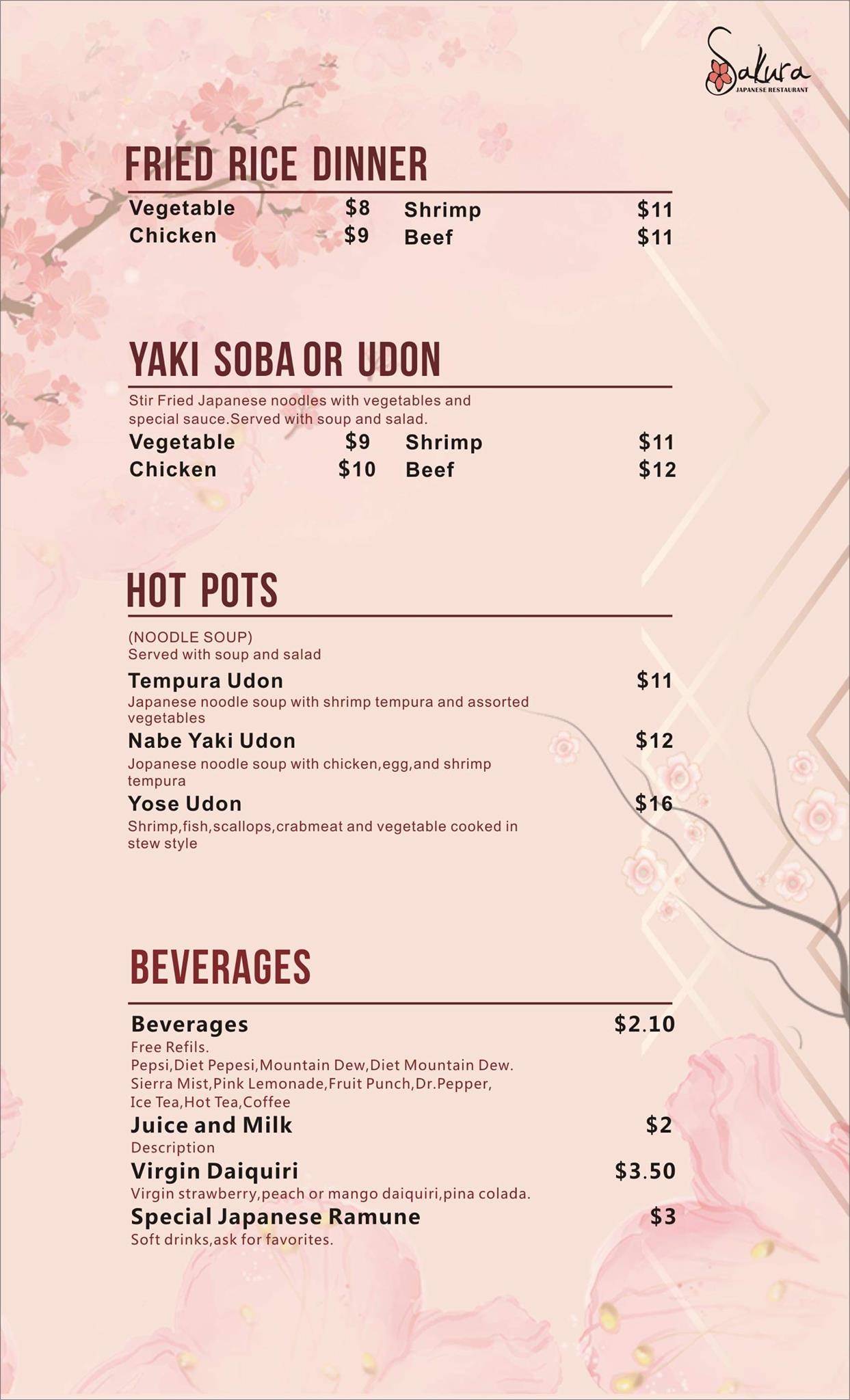 Menu at Sakura Hibachi restaurant, Wheelersburg