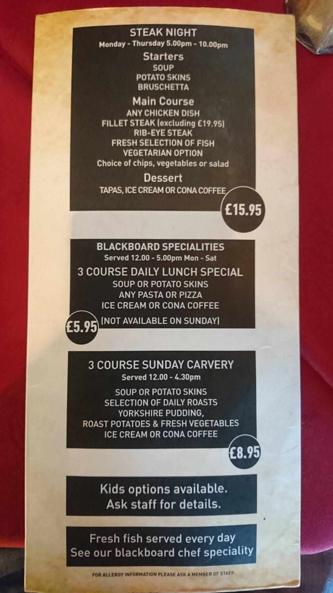 Menu at Sambuca Quayside restaurant, Newcastle upon Tyne