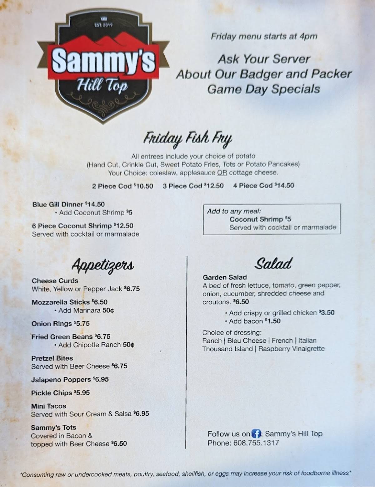 Menu at Sammys Hilltop pub & bar, Janesville