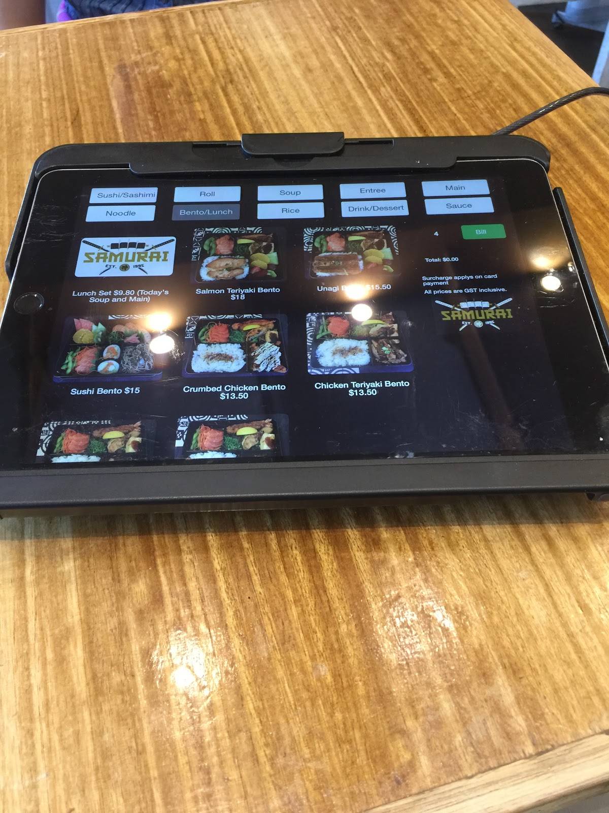Menu at Samurai restaurant, Hawthorn