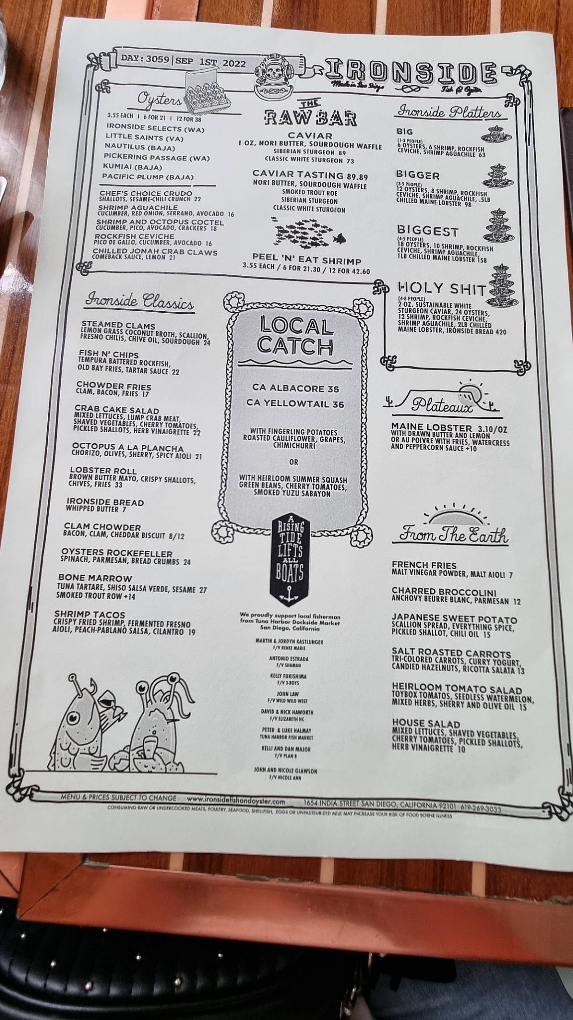 Menu at Ironside Fish & Oyster Bar, San Diego, India St