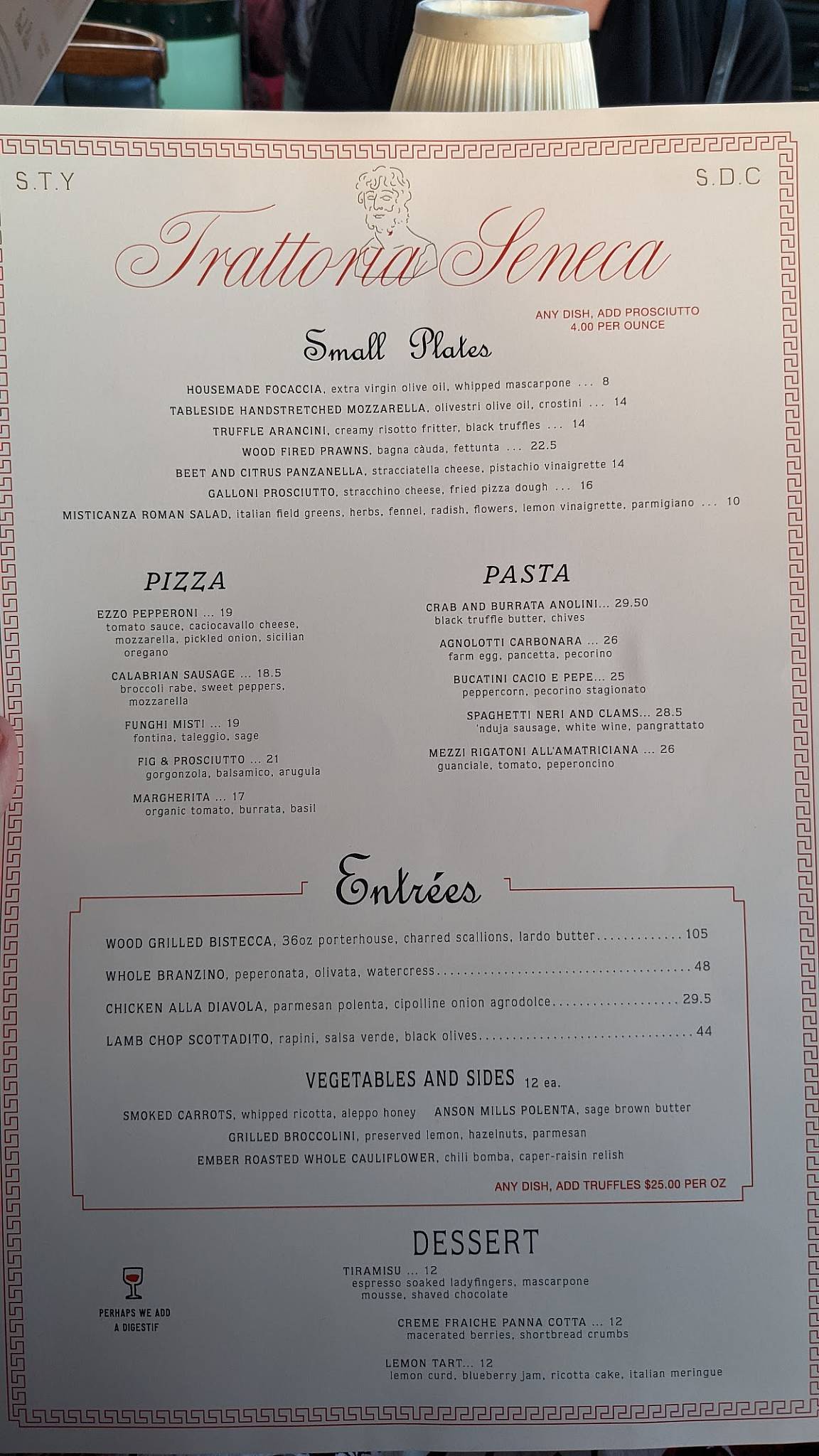 Menu at Seneca Trattoria restaurant, San Diego