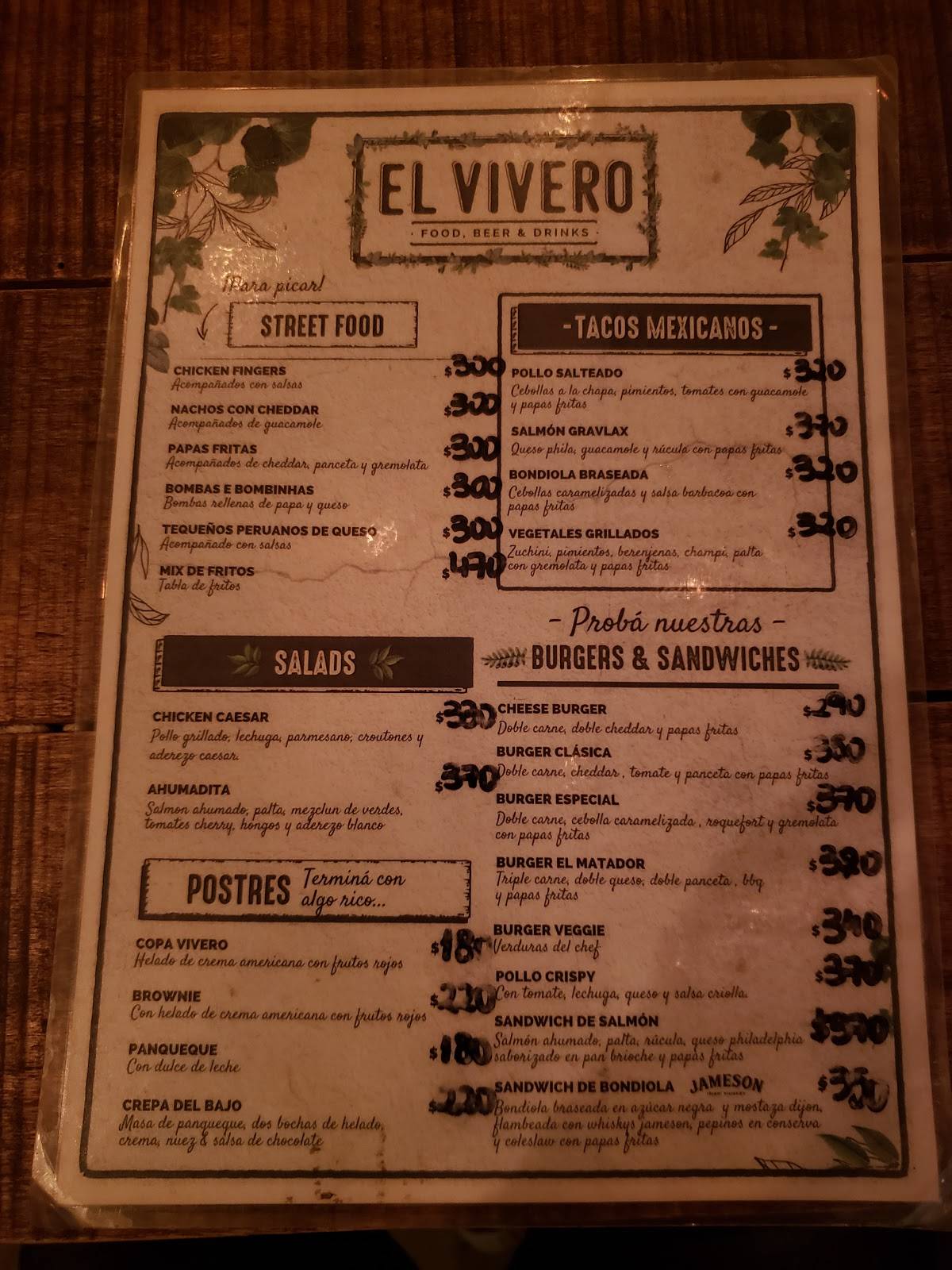 Carta Del Pub Y Bar El Vivero Food Beer Drinks Primer Piso San