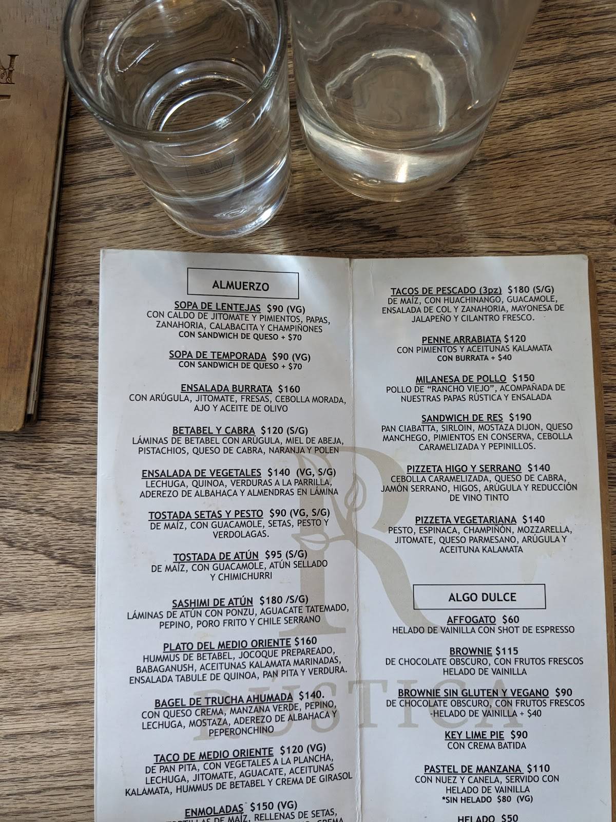 Menu at Rustica restaurant, San Miguel de Allende