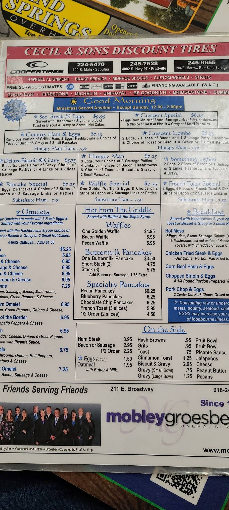 Menu at Crescent Cafe, Sand Springs