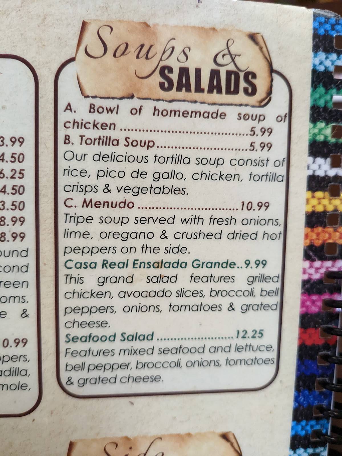 Menu at Casa Real restaurant, Sandusky, Milan Rd
