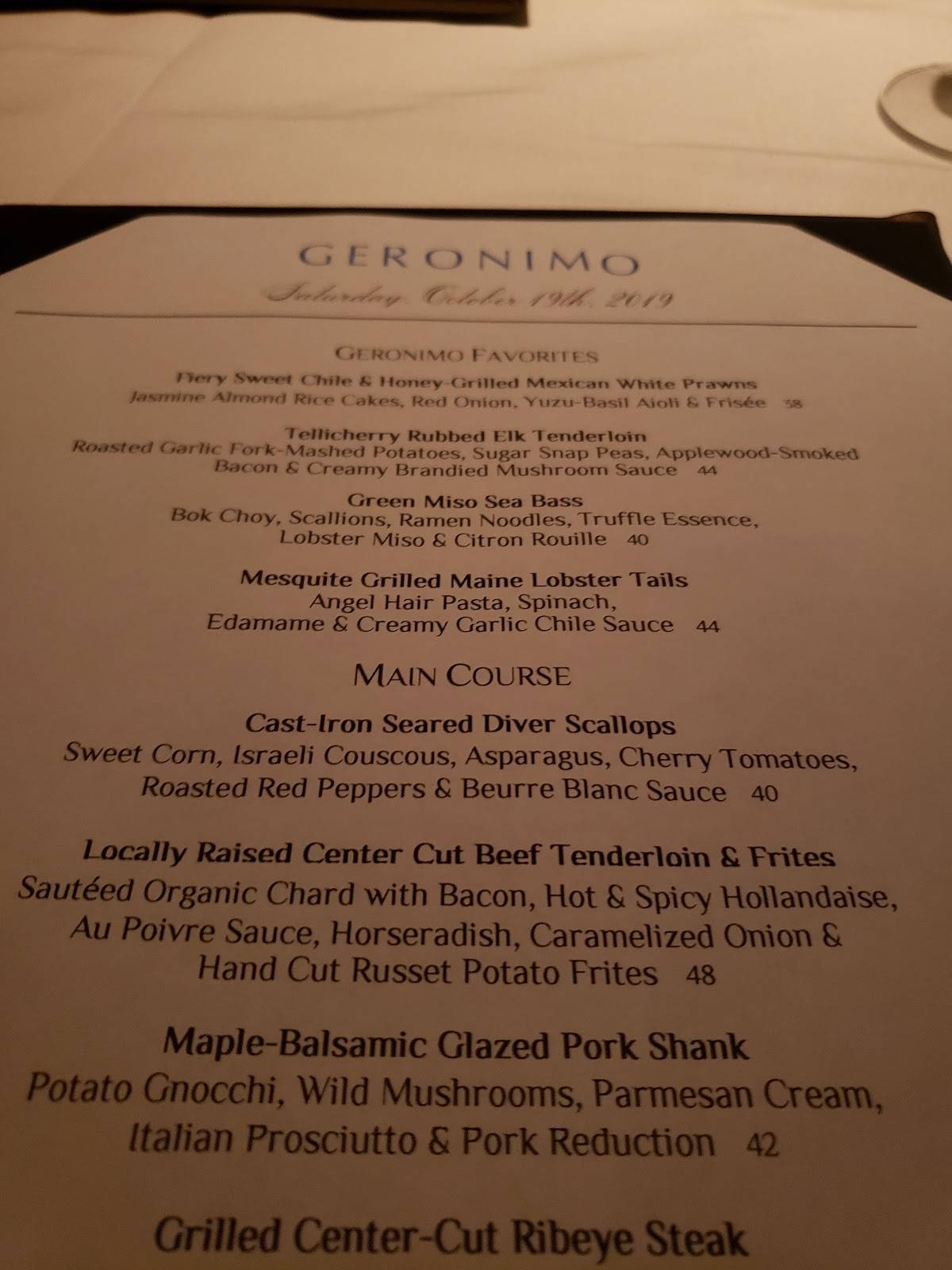 Menu at Geronimo restaurant, Santa Fe