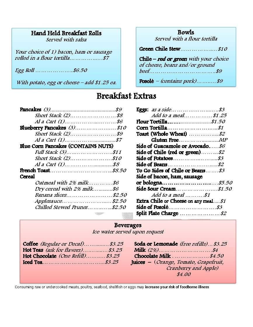 Menu at Tia Sophia's restaurant, Santa Fe