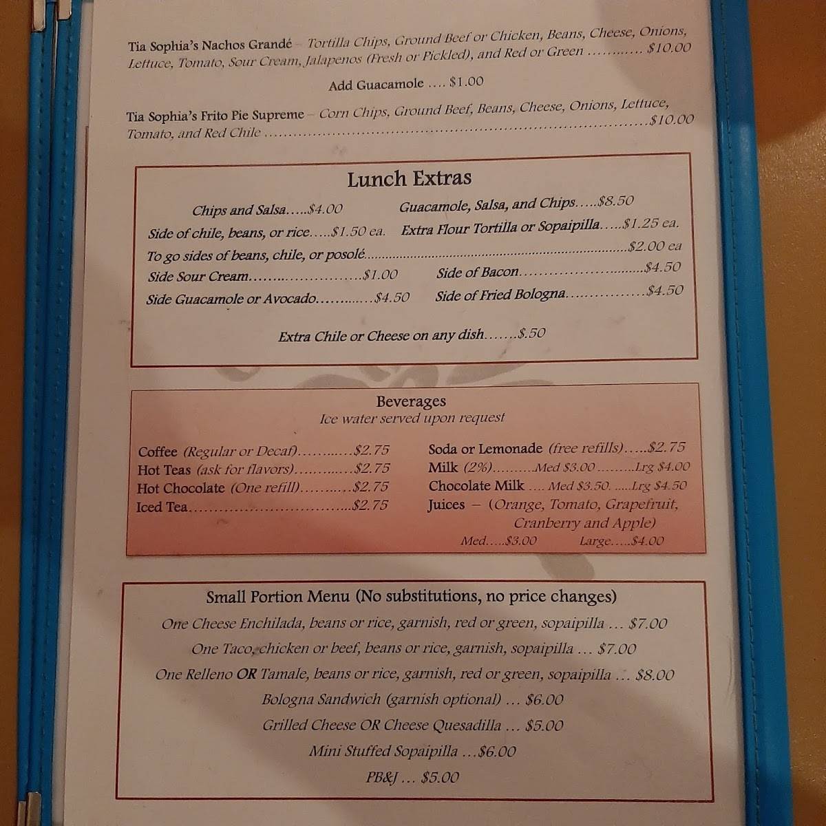 Menu at Tia Sophia's restaurant, Santa Fe
