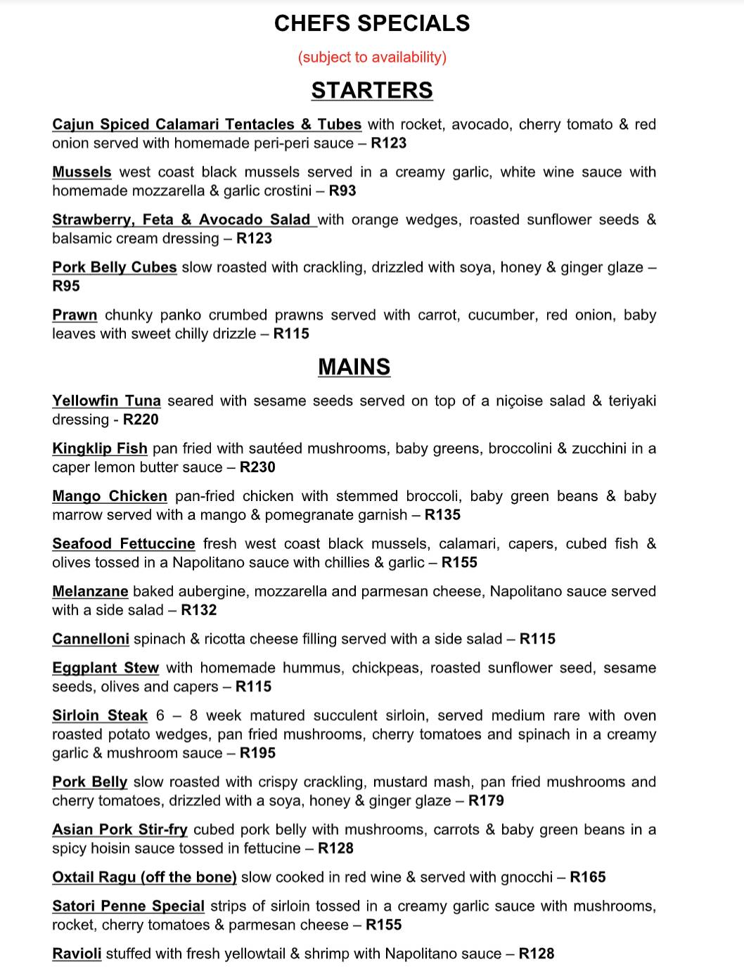 Menu at Satori Kalk Bay restaurant, Cape Town