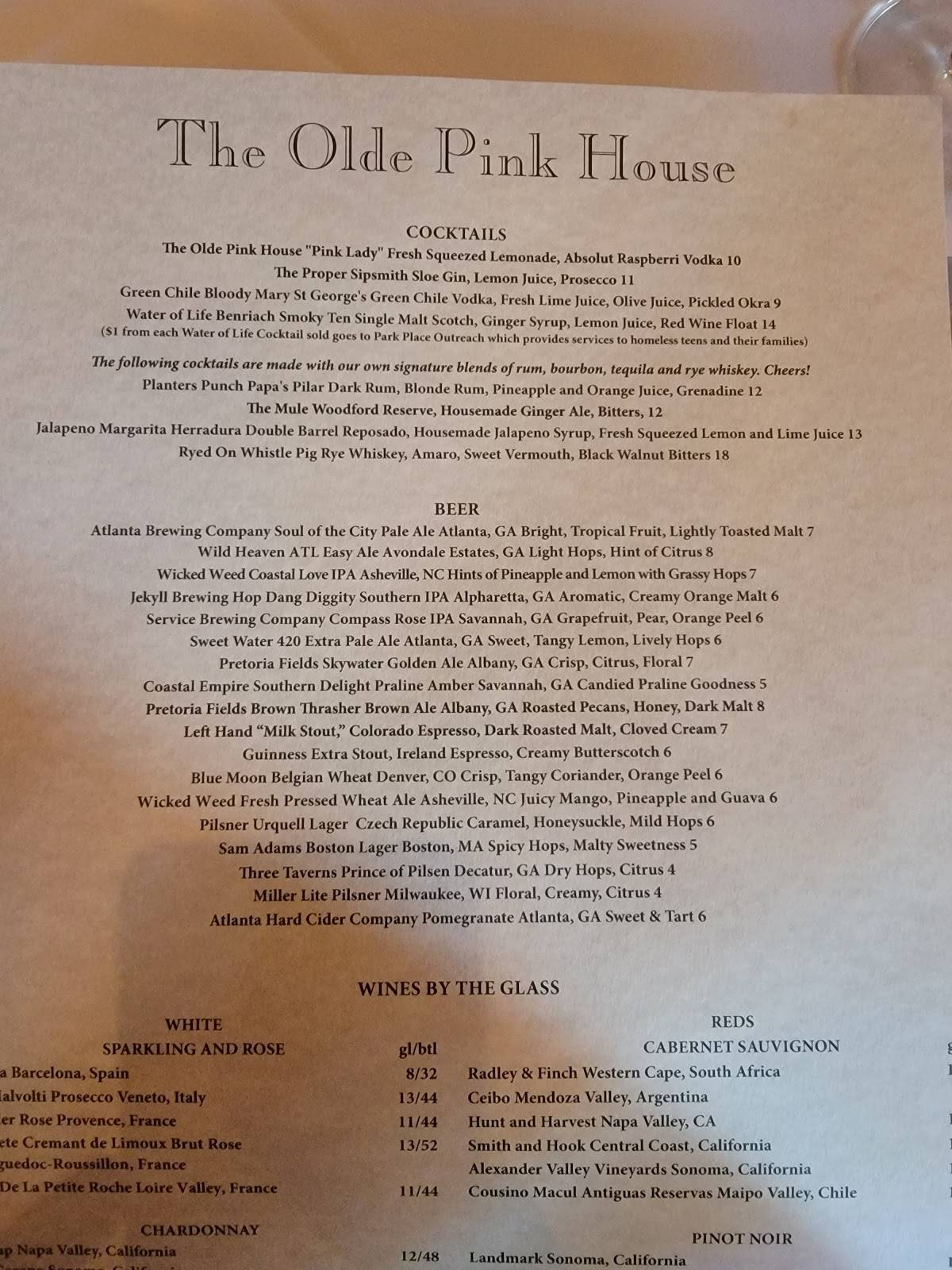 Menu at The Olde Pink House pub & bar, Savannah