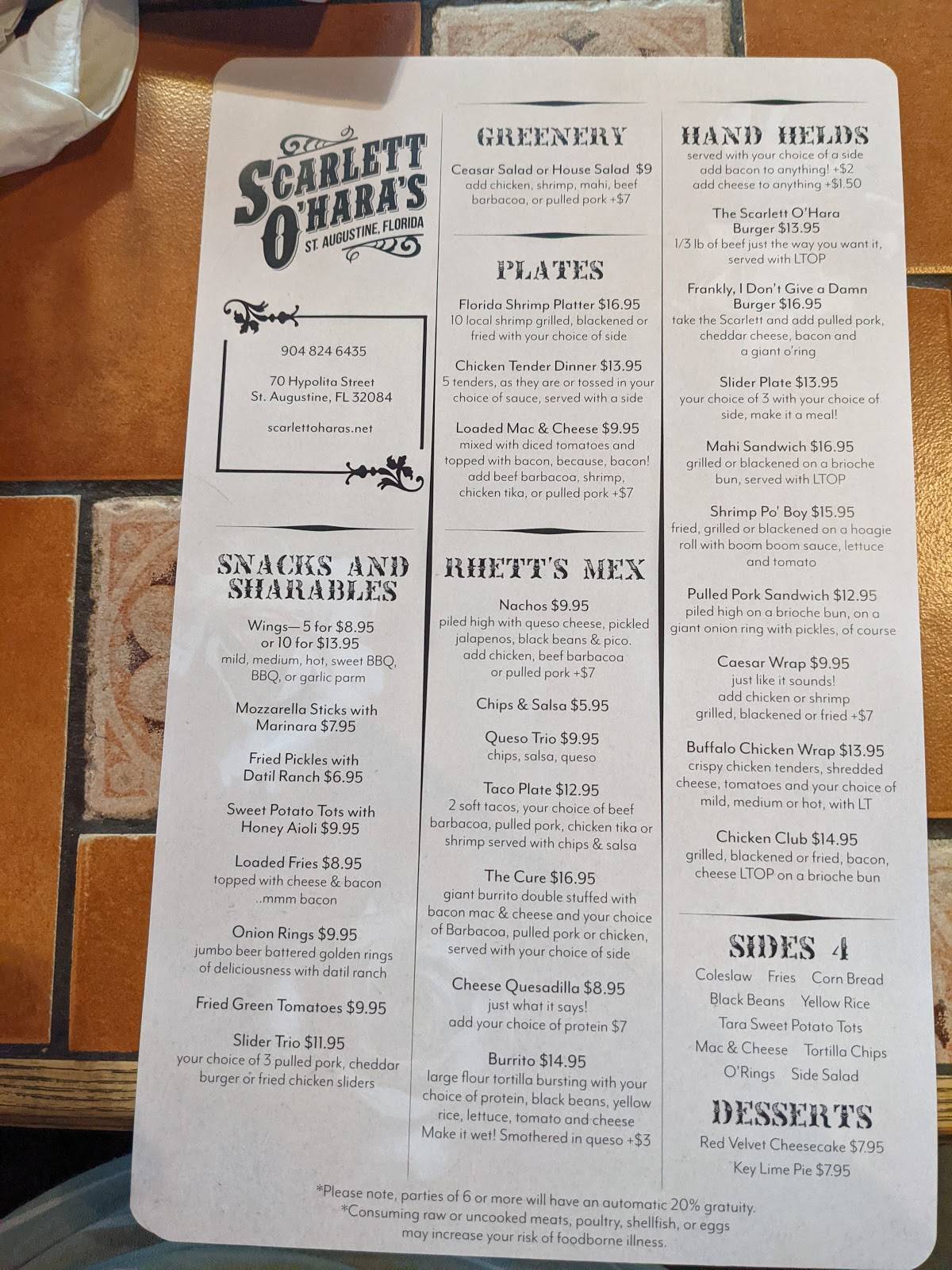 Menu at Scarlett O'Hara's pub & bar, St. Augustine