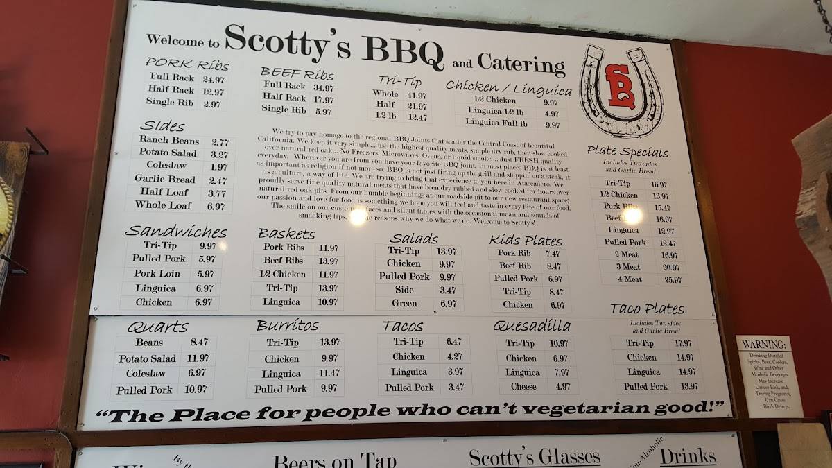 Menu at Scotty's BBQ and Catering, Atascadero, El Camino Real
