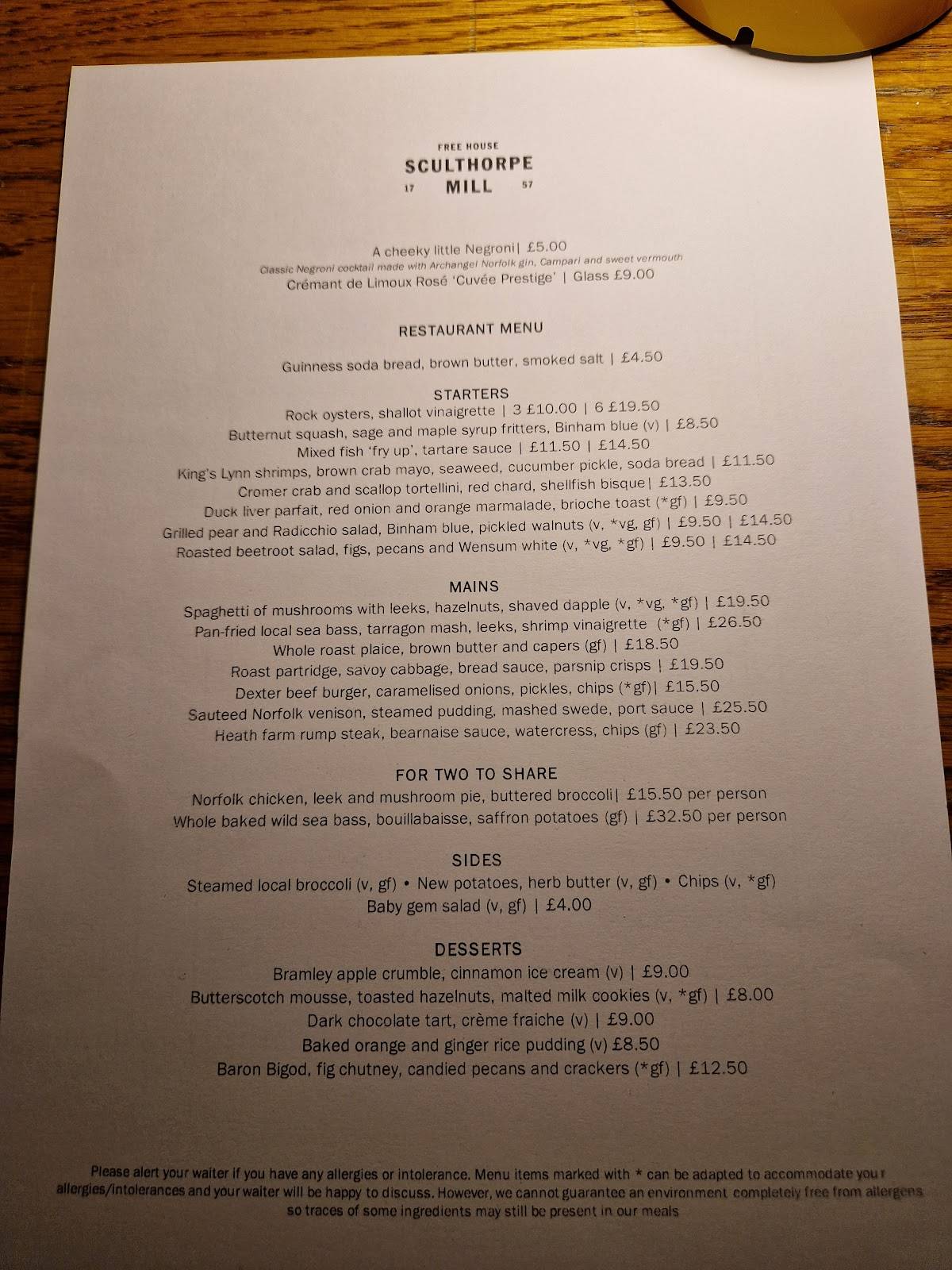 Menu at Sculthorpe Mill restaurant, Fakenham