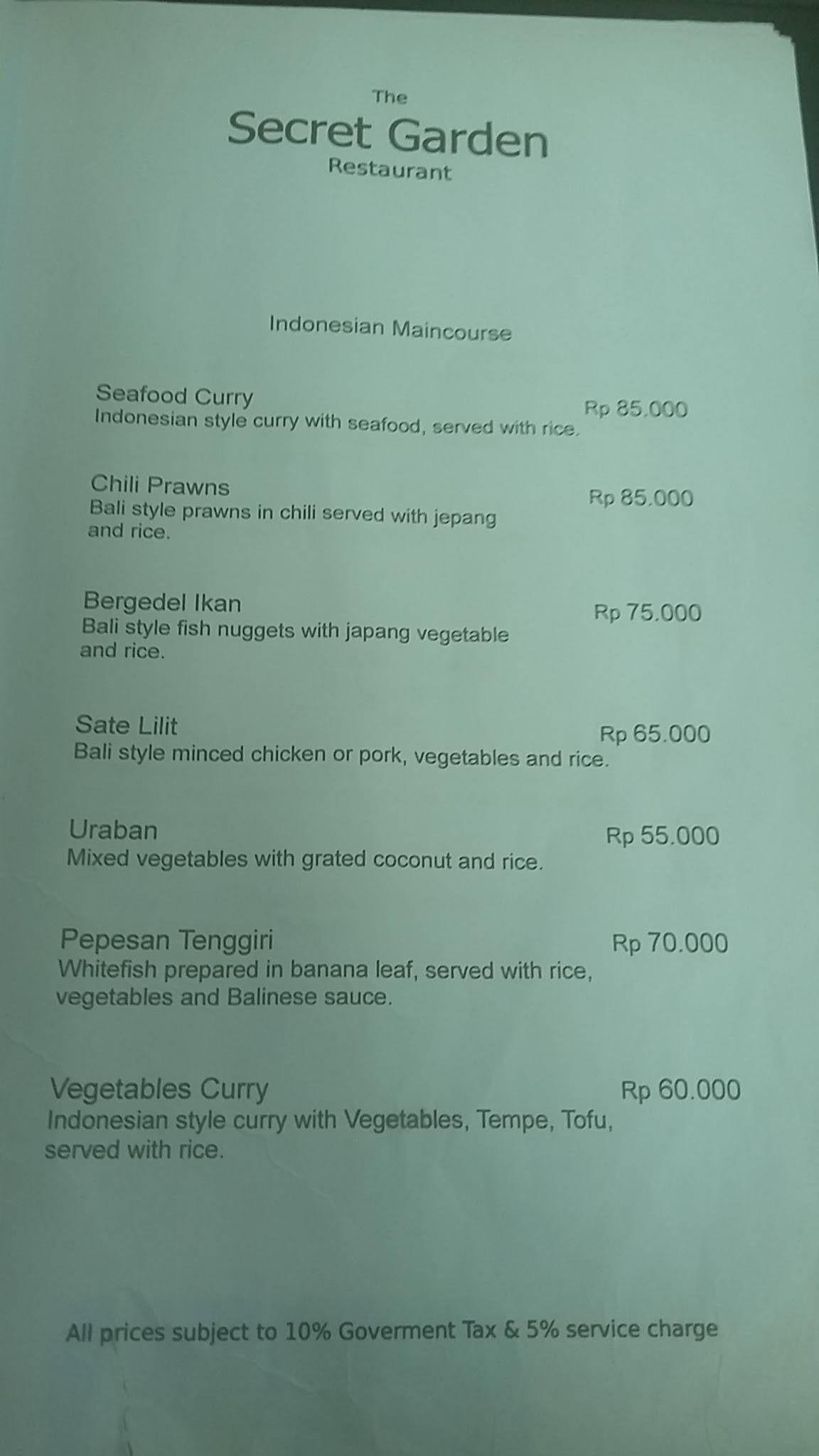 Menu at Secret Garden Restaurant, Anturan