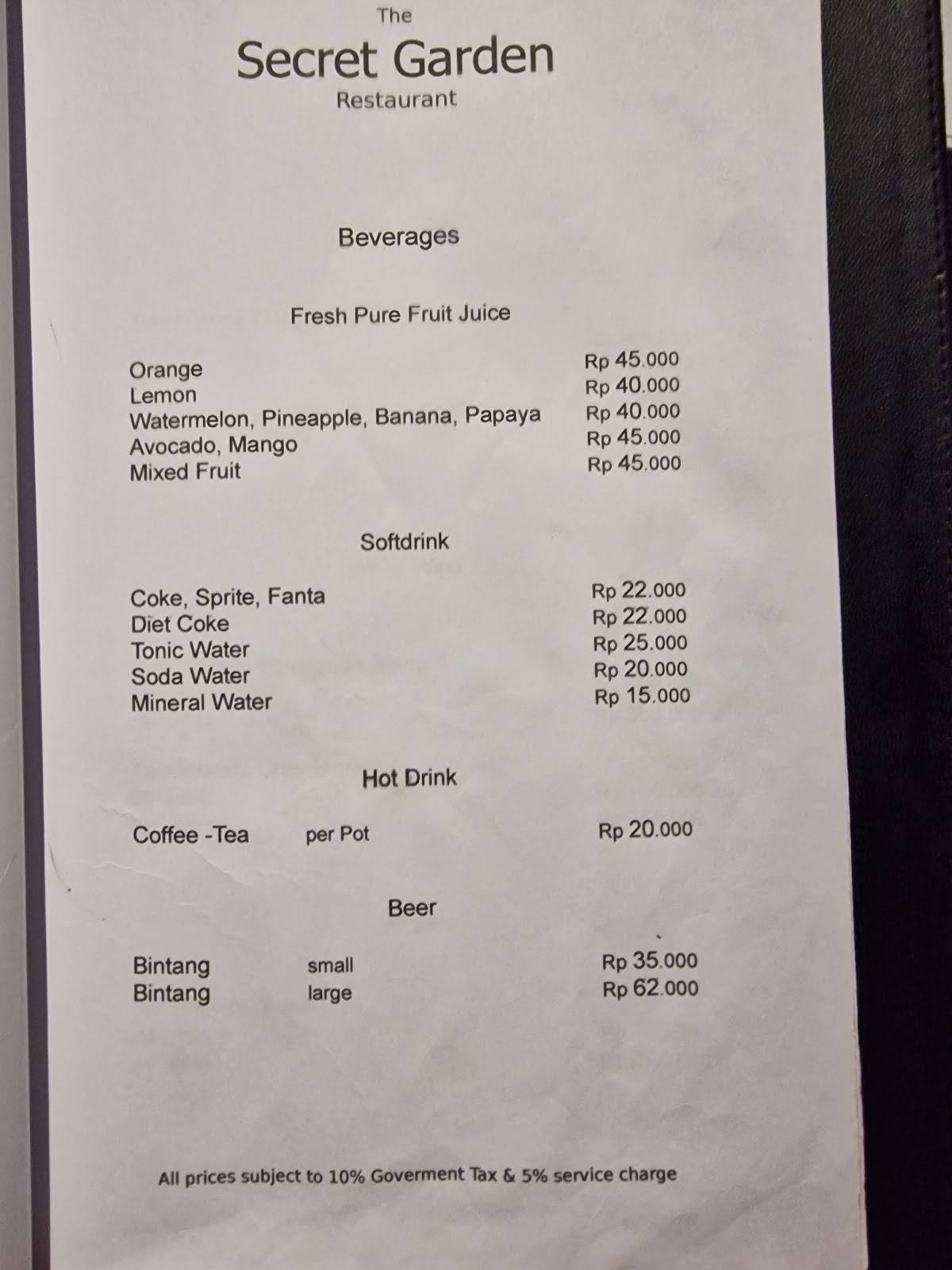 Menu at Secret Garden Restaurant, Anturan