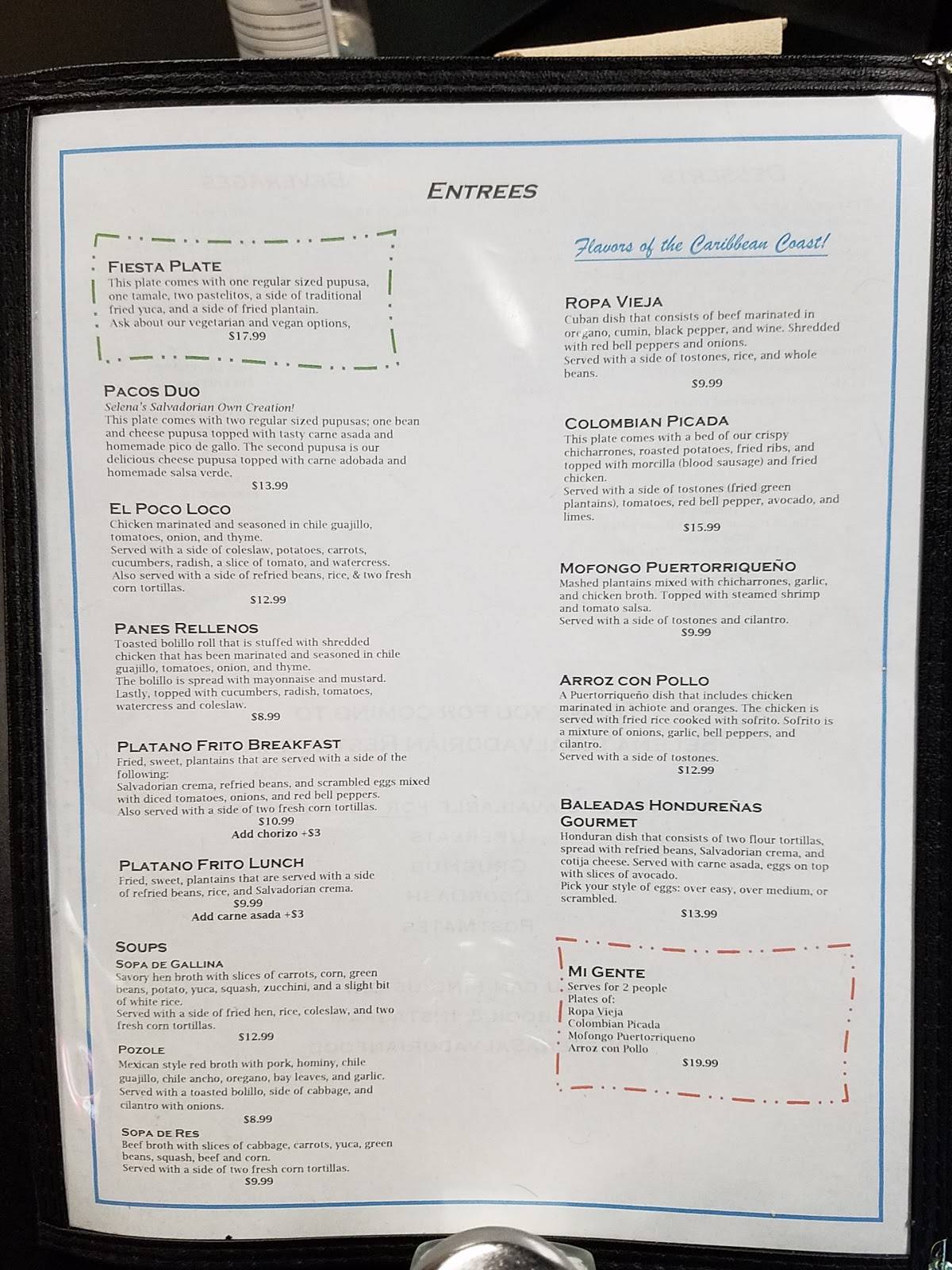 Menu at Selena's Salvadorian Restaurant, Tucson