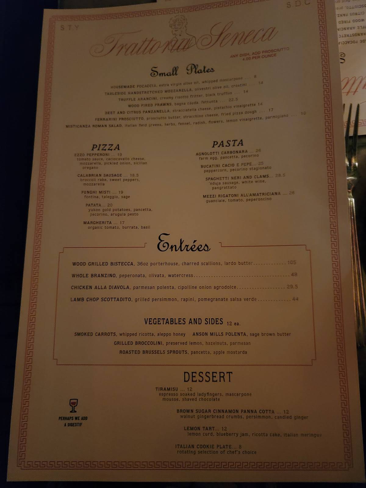 Menu at Seneca Trattoria restaurant, San Diego