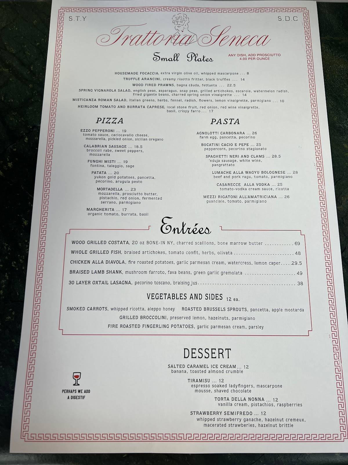Menu at Seneca Trattoria restaurant, San Diego