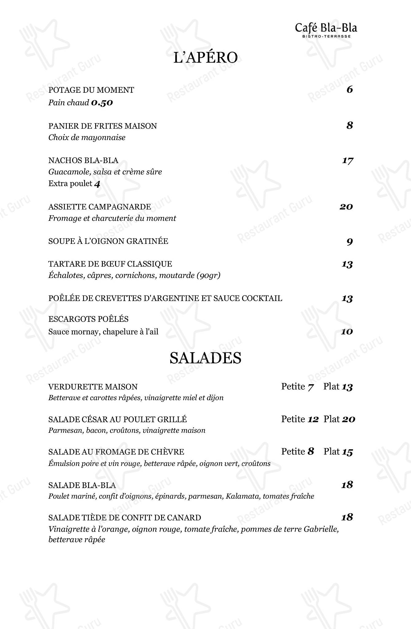 Menu au Café Bla-Bla, Sherbrooke