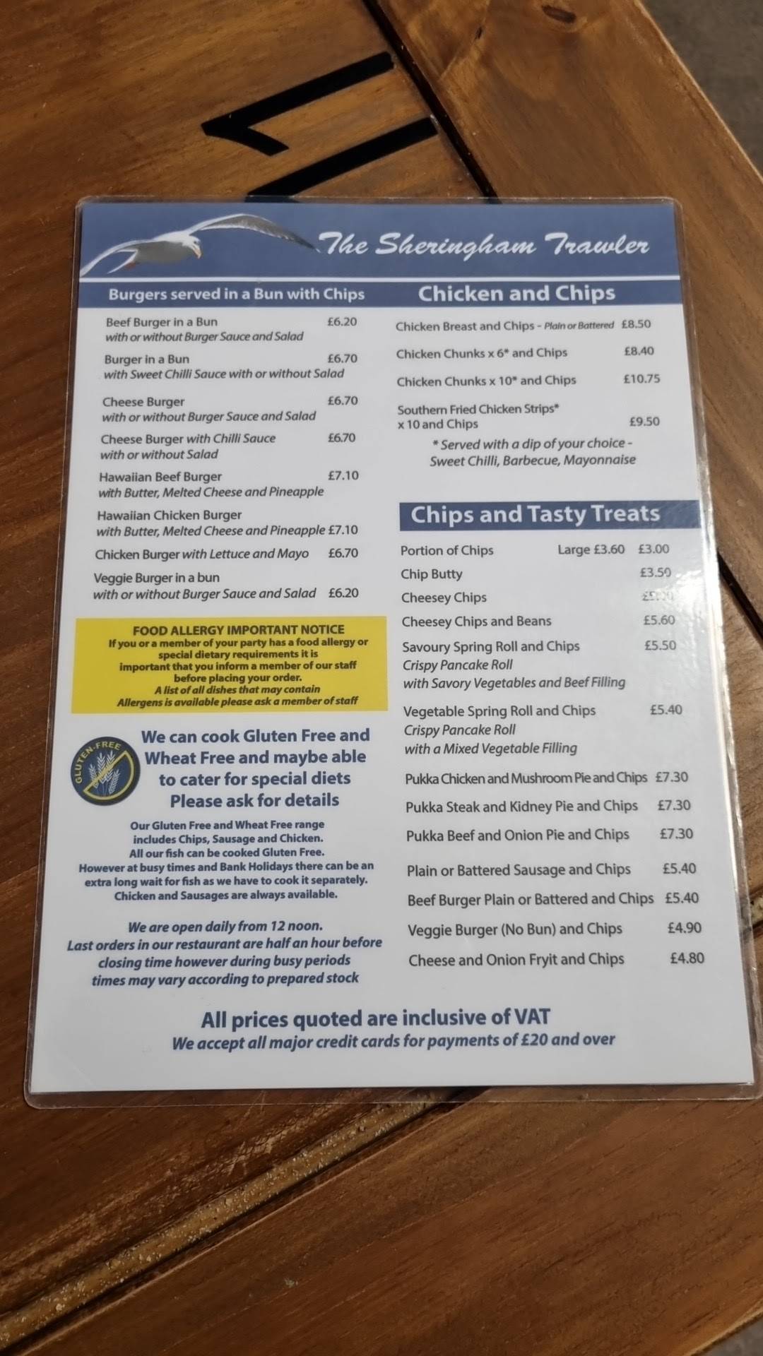Menu at The Sheringham Trawler restaurant, Sheringham