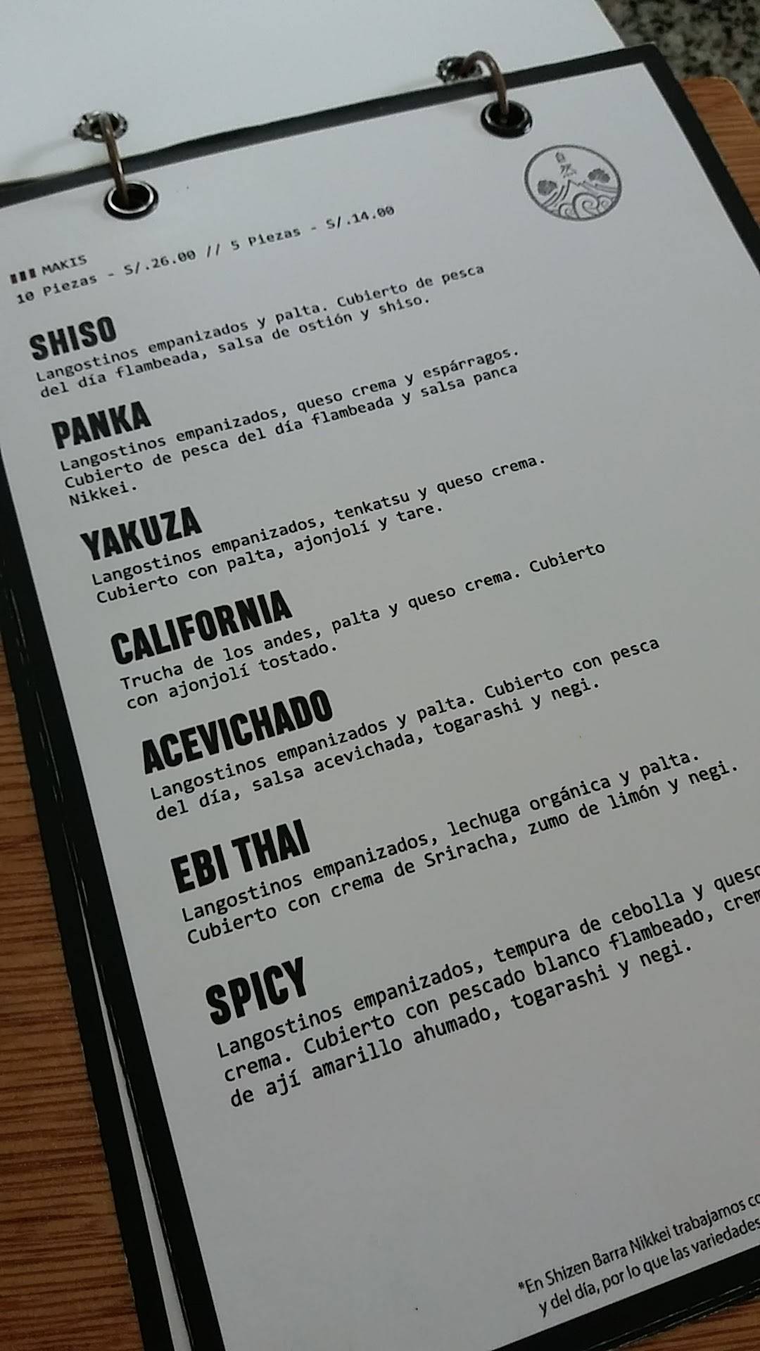 Menu at Shizen Restaurante Nikkei, San Isidro