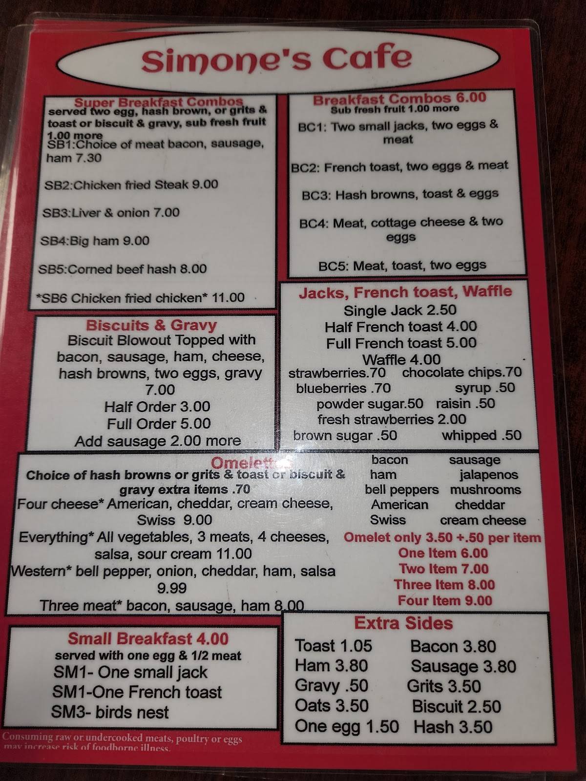 Menu at Simone's Cafe, Guthrie, S Division St