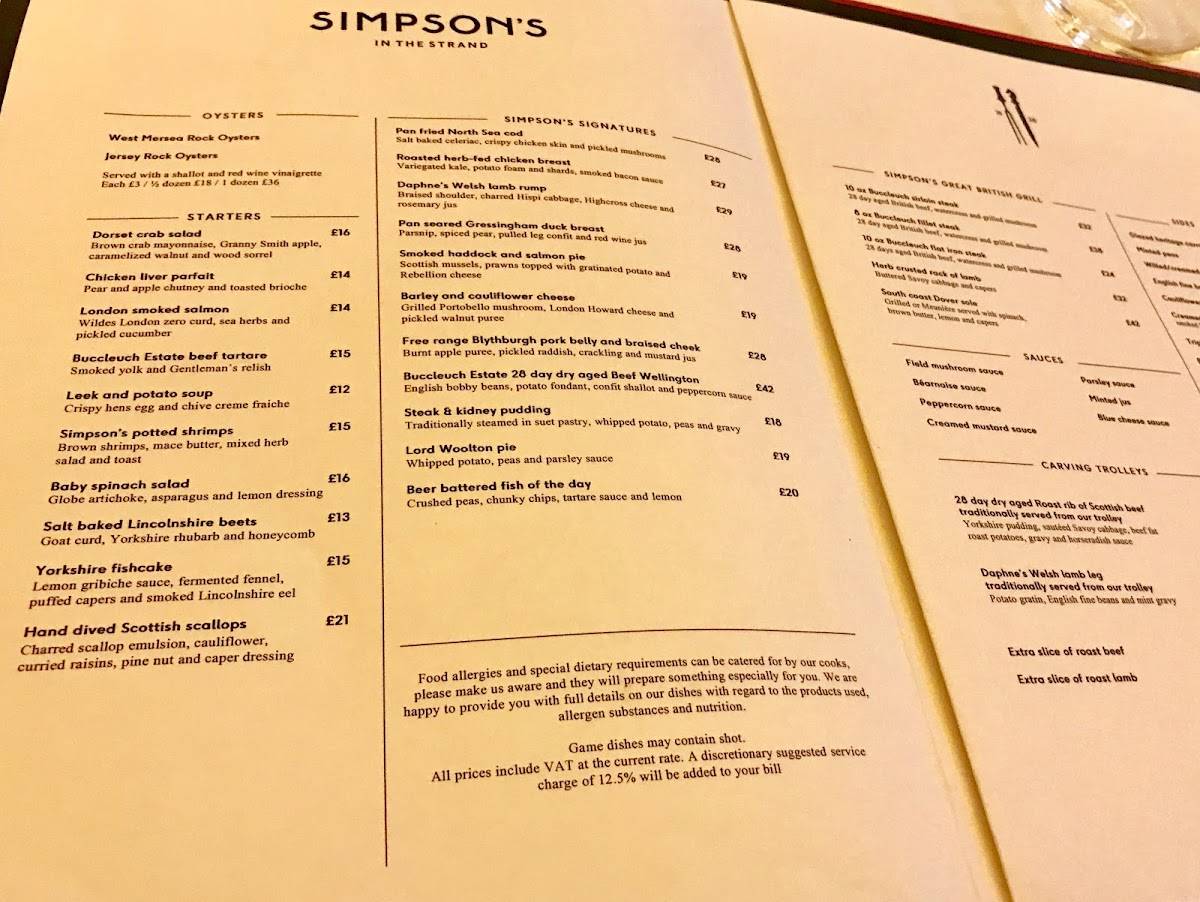 Menu at Simpson's in the Strand restaurant, London