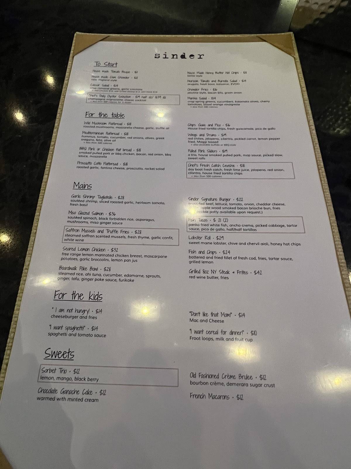 Menu at Sinder Lounge restaurant, Marina del Rey