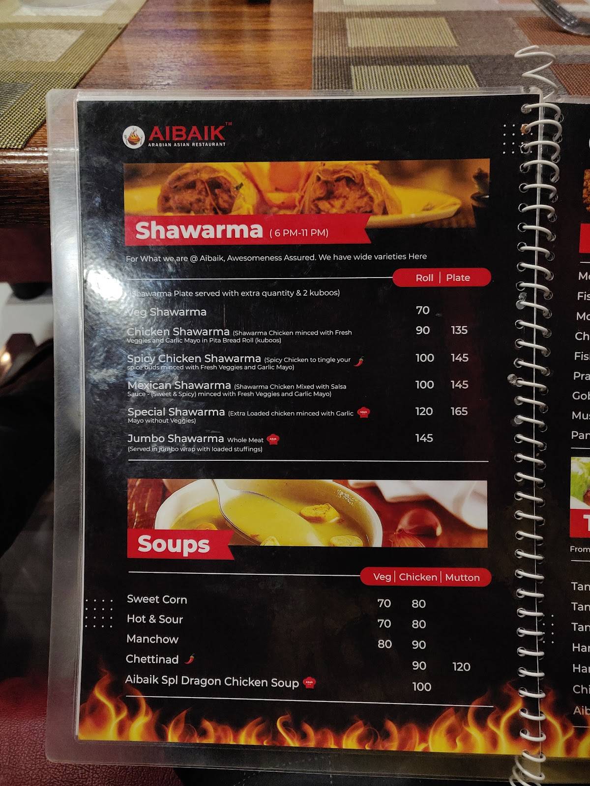 Menu at Aibaik, Sivakasi