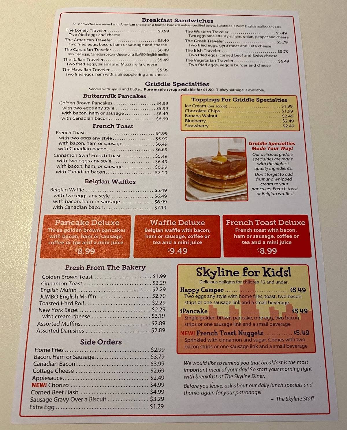 Menu at Skyline Diner restaurant, Rensselaer