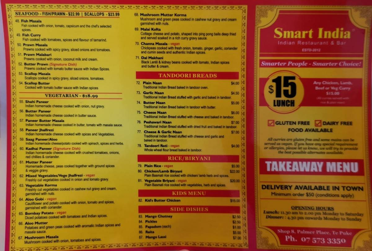 Menu at Smart India Restaurant ( Te puke ), Te Puke