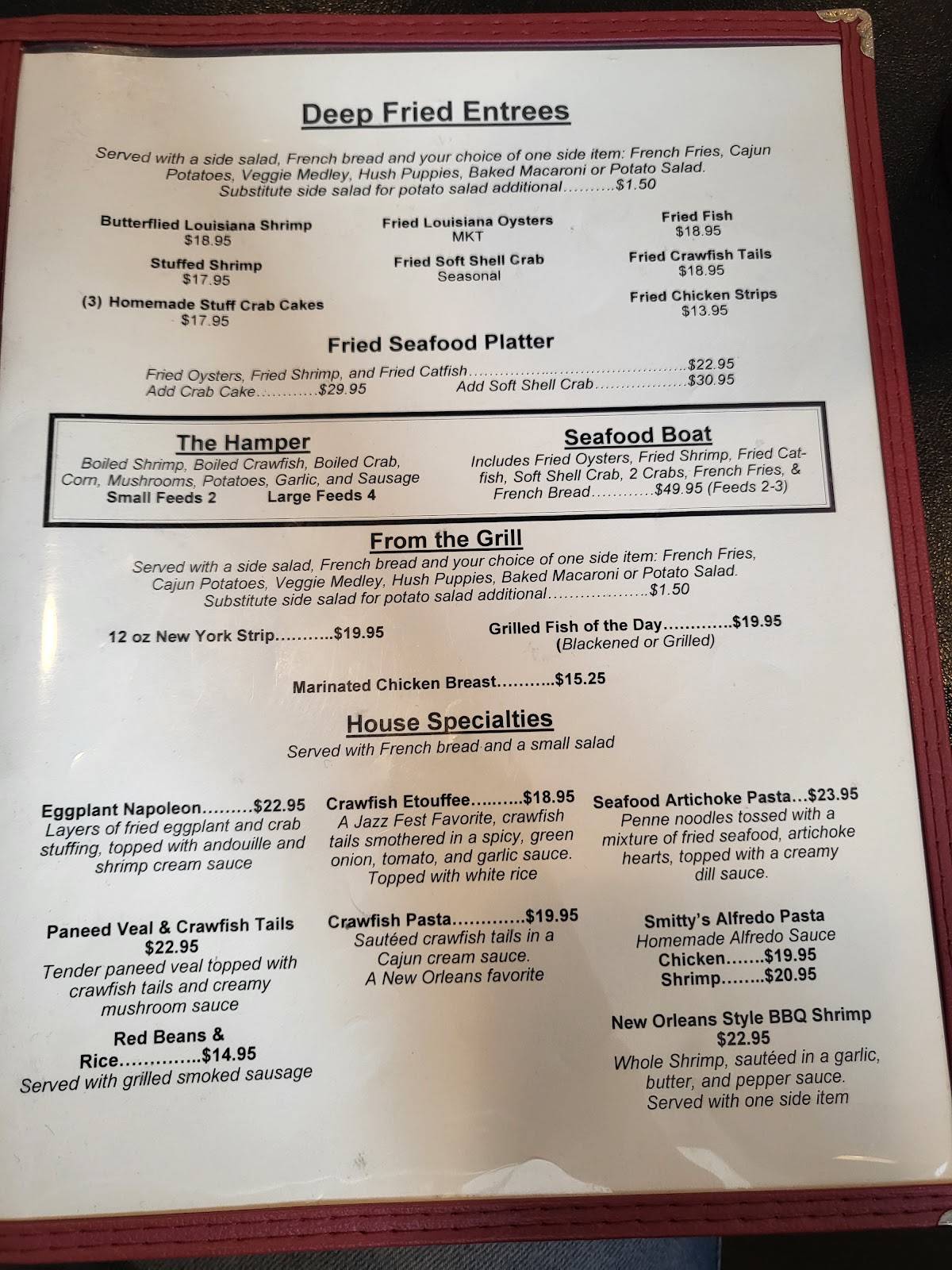 Menu at Smitty's Seafood restaurant, Kenner, W Esplanade Ave
