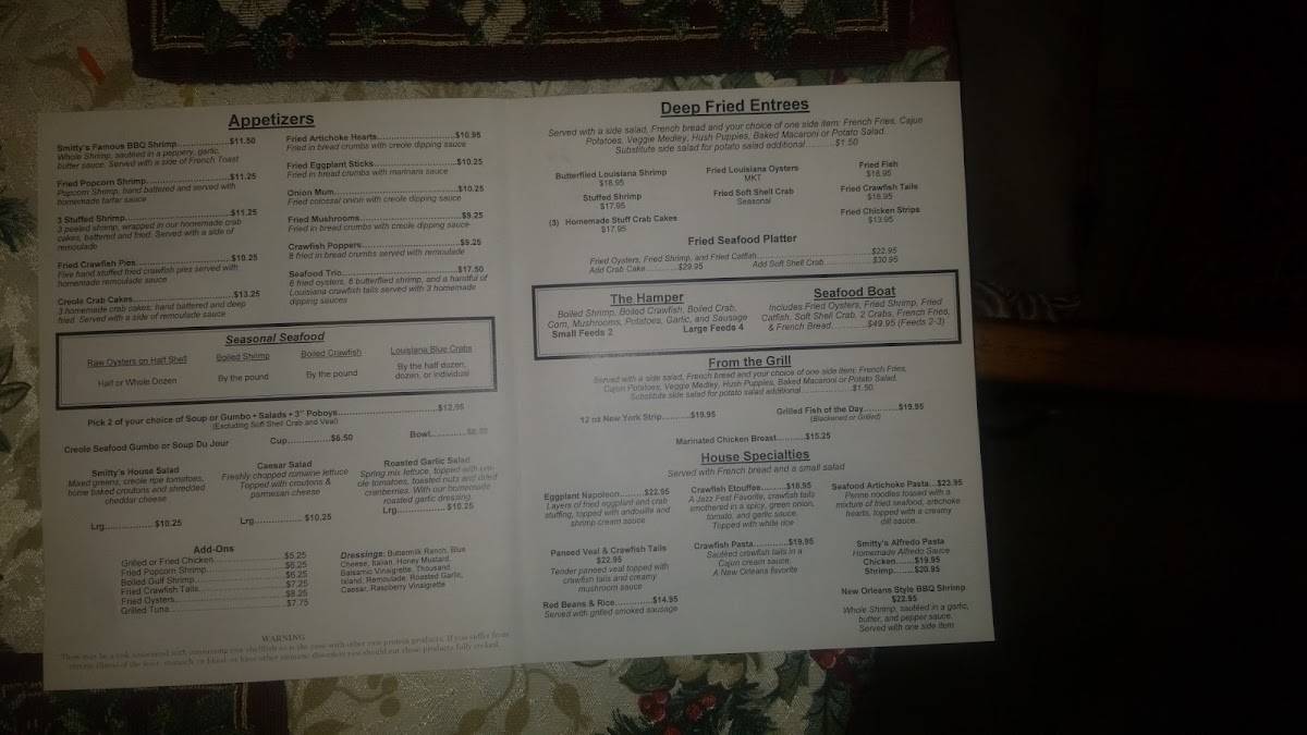Menu at Smitty's Seafood restaurant, Kenner, W Esplanade Ave