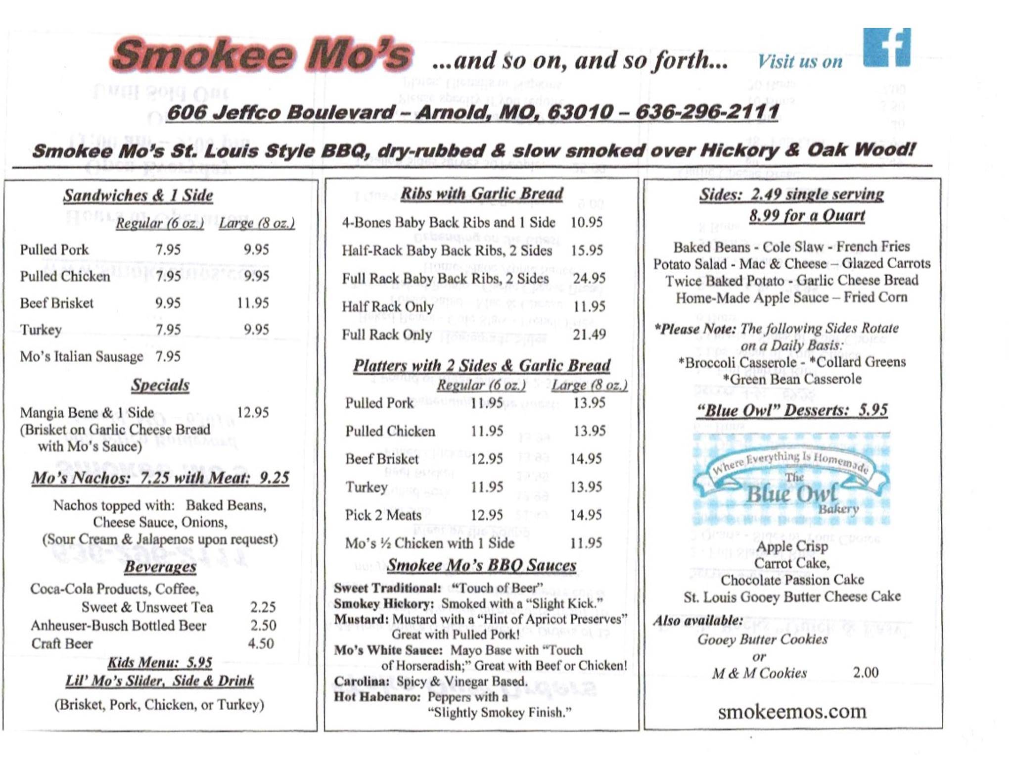 Menu at Smokee Mo's Arnold BBQ, Arnold