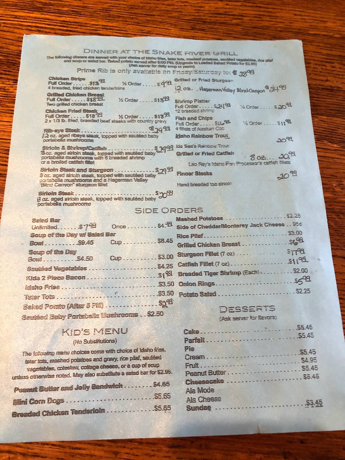 Menu at Snake River Grill steakhouse, Hagerman