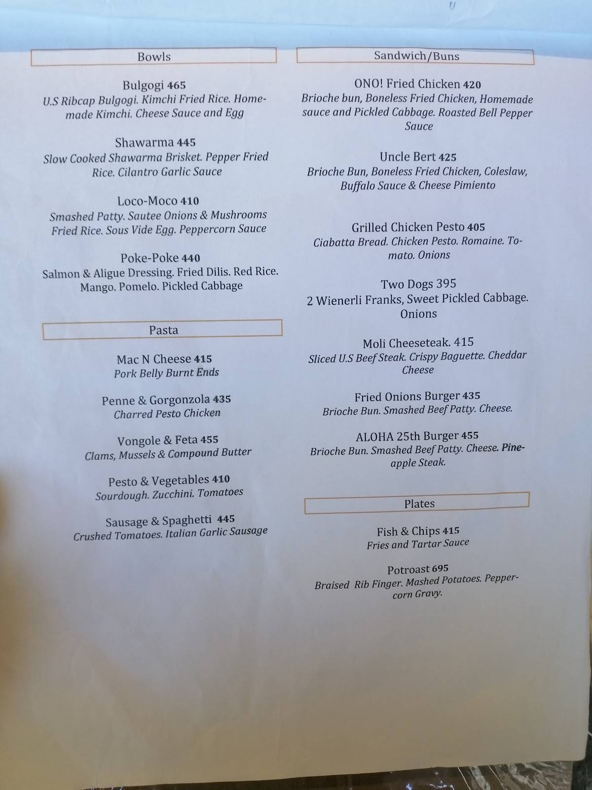 Menu at Sóbra Café restaurant, Muntinlupa