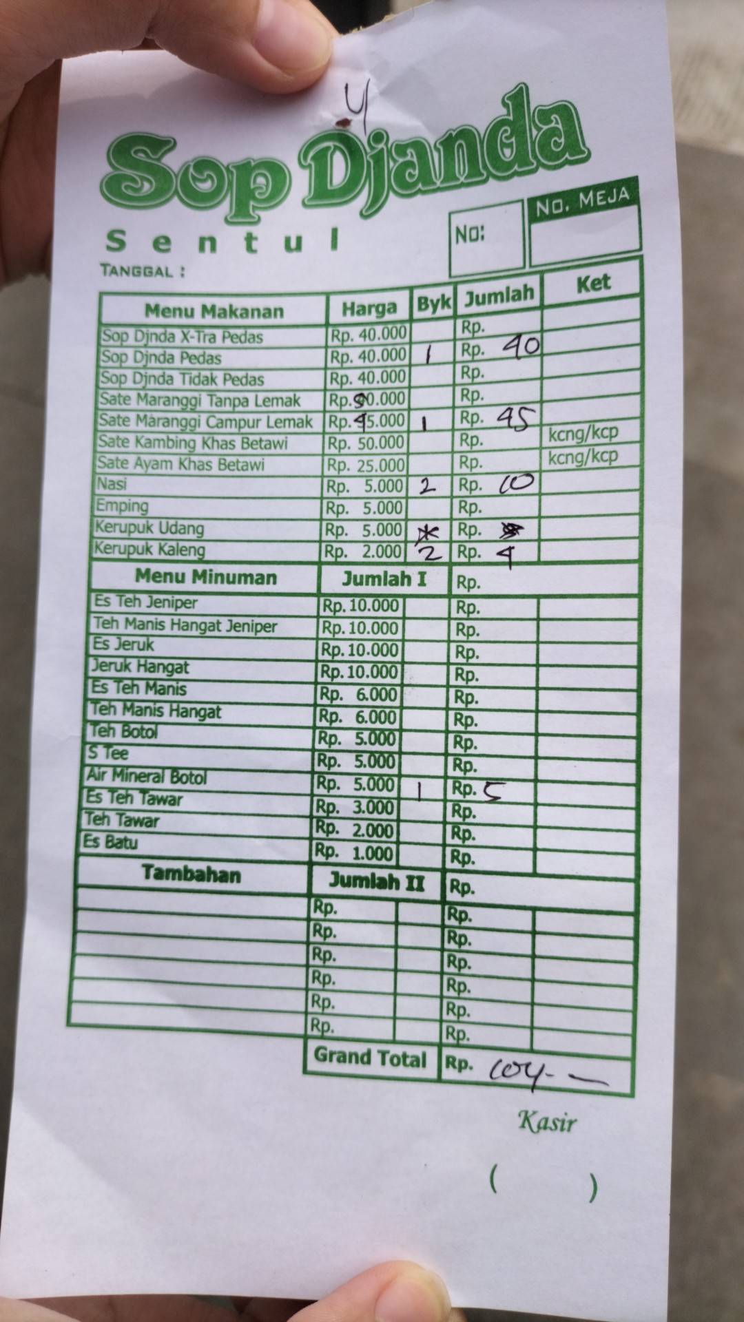 Carta del restaurante Sop Djanda Special Sate Maranggi Sentul, Indonesia